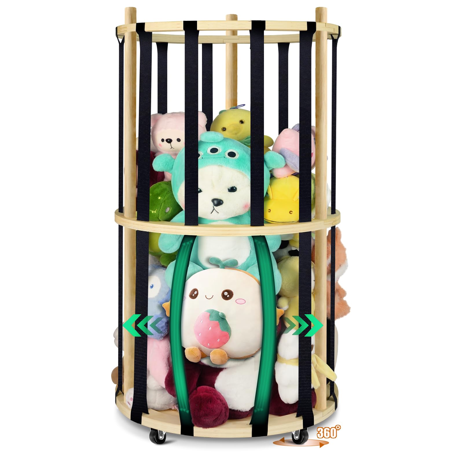 Stuffed Animal Organizer, Toy Organizer Cage with Wider Elastic Band for Small Medium Large Plush Holder, Round Wooden Storage Bins for Boys Girls, Nursery Play Room