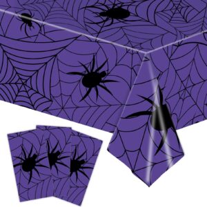 mocsicka 3pcs halloween tablecloth disposable spider wed for halloween party decorations halloween party plastic table cloth supplies for birthday baby shower cake table decor (purple, 108x54 inch)