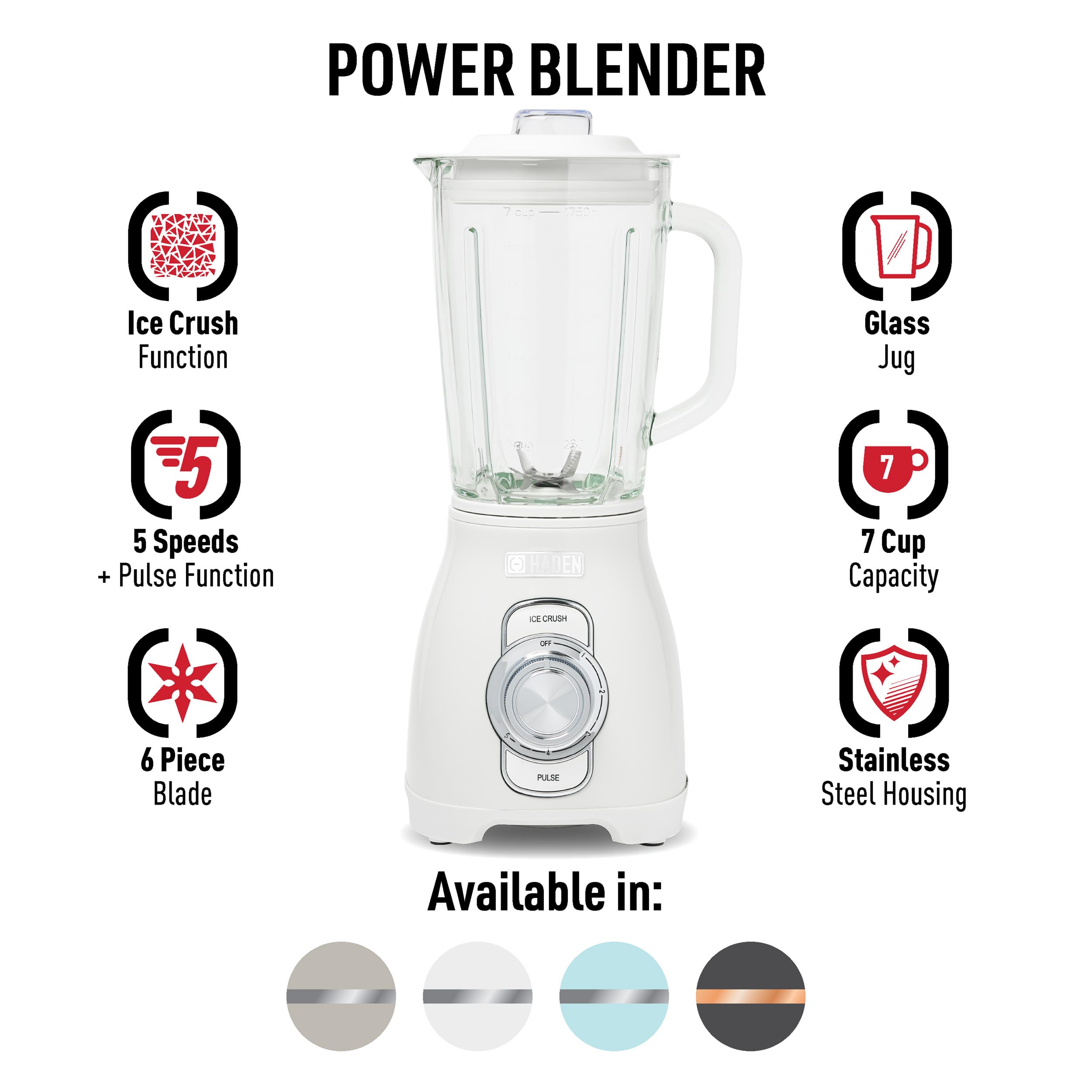 Haden Power Blender, 1.75 Liter Glass Jug, High Power 700W Motor, 5 Speed Settings, Pulse and Ice Crush Buttons, Stainless Steel, Ivory/Chrome