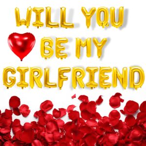 will you be my girlfriend balloons - 16'' balloon letters, alphabet foil mylar balloon with 200pcs artificial rose petals for valentine day decorations (will you be my girlfriend balloons gold)