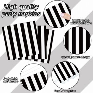 Black and White Party Tableware Set Striped Disposable Dinnerware Black and White Theme Party Decorations Happy Birthday Paper Plates Napkins Forks for Graduation Wedding Party Supplies 50 Guests