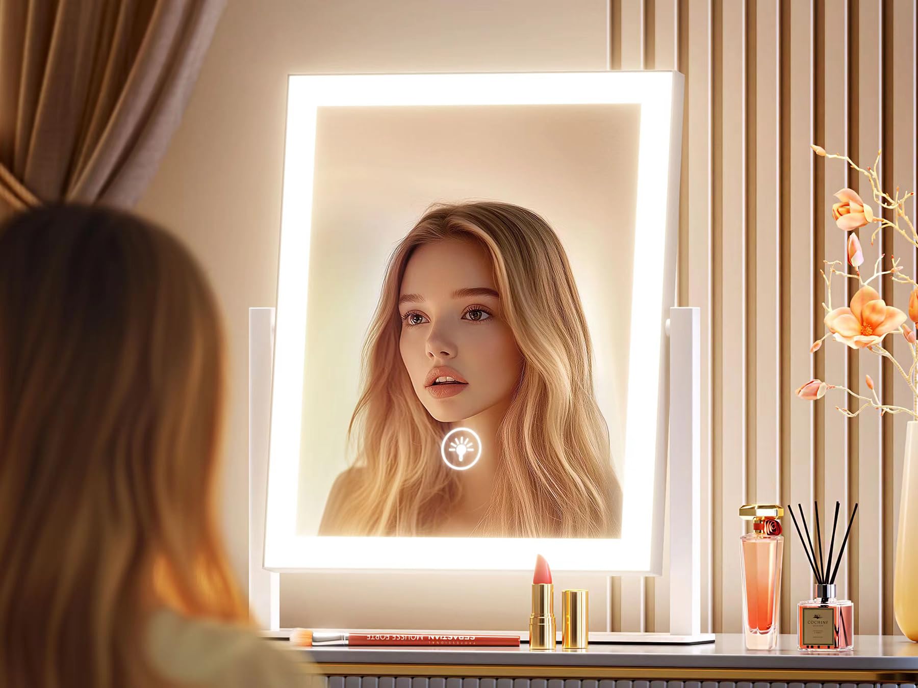 Gvnkvn Lighted Makeup Mirror, Hollywood Vanity Mirror with Lights, Three Color Lighting Modes, and Detachable 10X Magnification Mirror, Smart Touch Control, 360°Rotation (15.2in.)