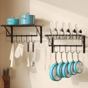 hongtamoy 2 packs wall mounted pot lid rack organizer, hanging pot and pan lid organizer for kitchen with 10 upgrade hooks, pot lid holder for cookware,pans,utensils organization, black