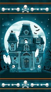 henry glass welcome foolish mortals 24.5" haunted house panel glow in the dark dark teal, fabric by the panel