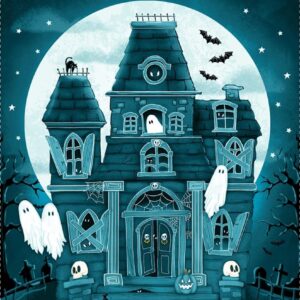 Henry Glass Welcome Foolish Mortals 24.5" Haunted House Panel Glow in The Dark Dark Teal, Fabric by The Panel