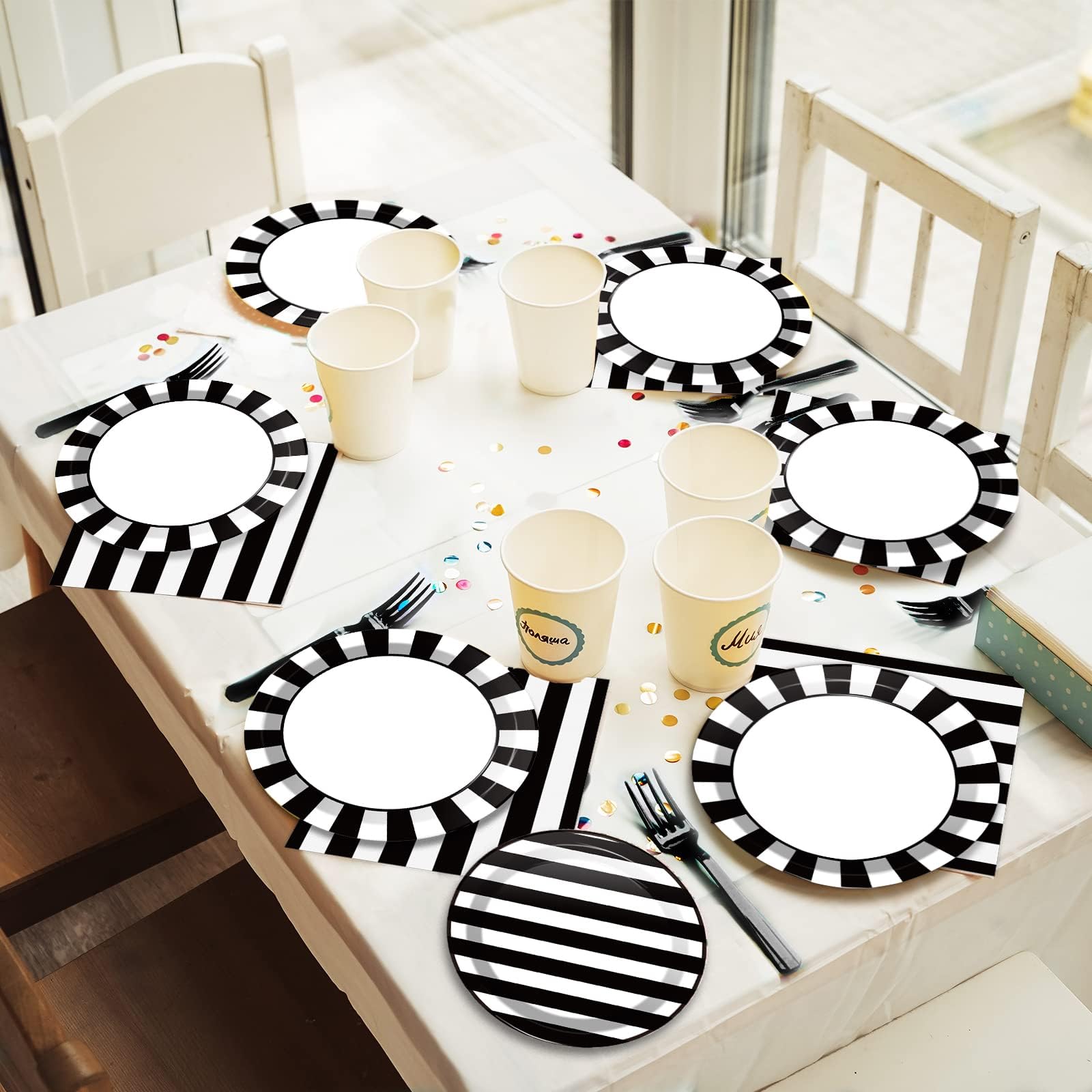 Black and White Party Tableware Set Striped Disposable Dinnerware Black and White Theme Party Decorations Happy Birthday Paper Plates Napkins Forks for Graduation Wedding Party Supplies 50 Guests