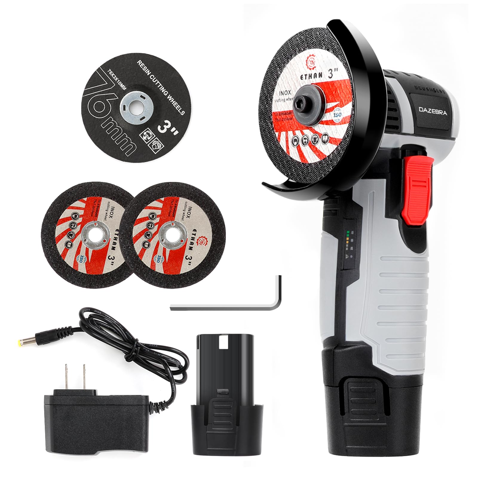 Cordless Angle Grinder, 19500rpm Cordless Grinder with 1pcs 12V 1500mAh Batteries and 3-Cutting Discs Metal Grinder for Metal Stone Wood and Concrete