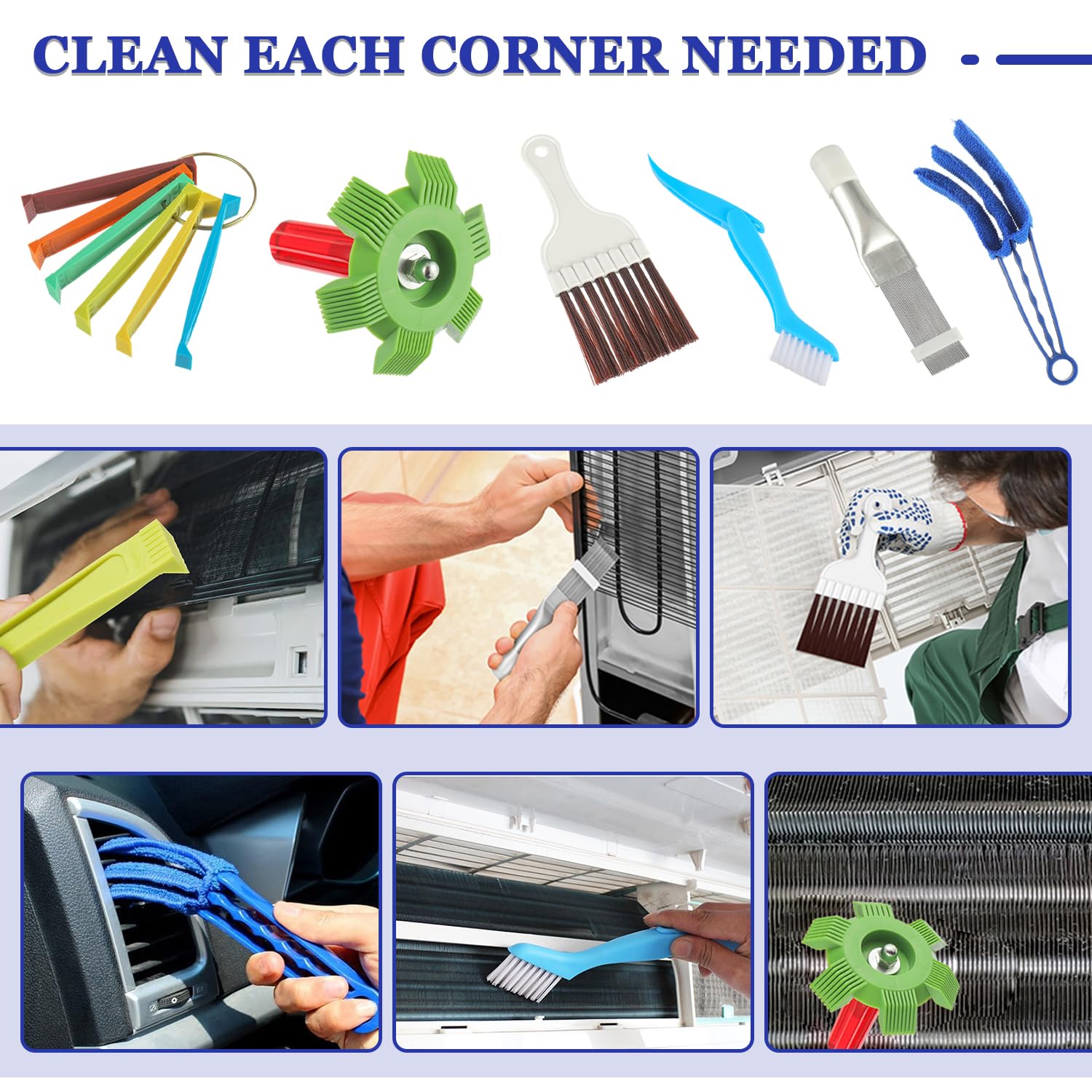 BOJACK Air Conditioner Fin Cleaner Set, Ac Fin Comb Condenser Fin Straightener, Brush Condenser Ac Coil Cleaner Air Refrigerator Fin Cleaner Evaporator Radiator Repair Clean Tool (6 Pcs)