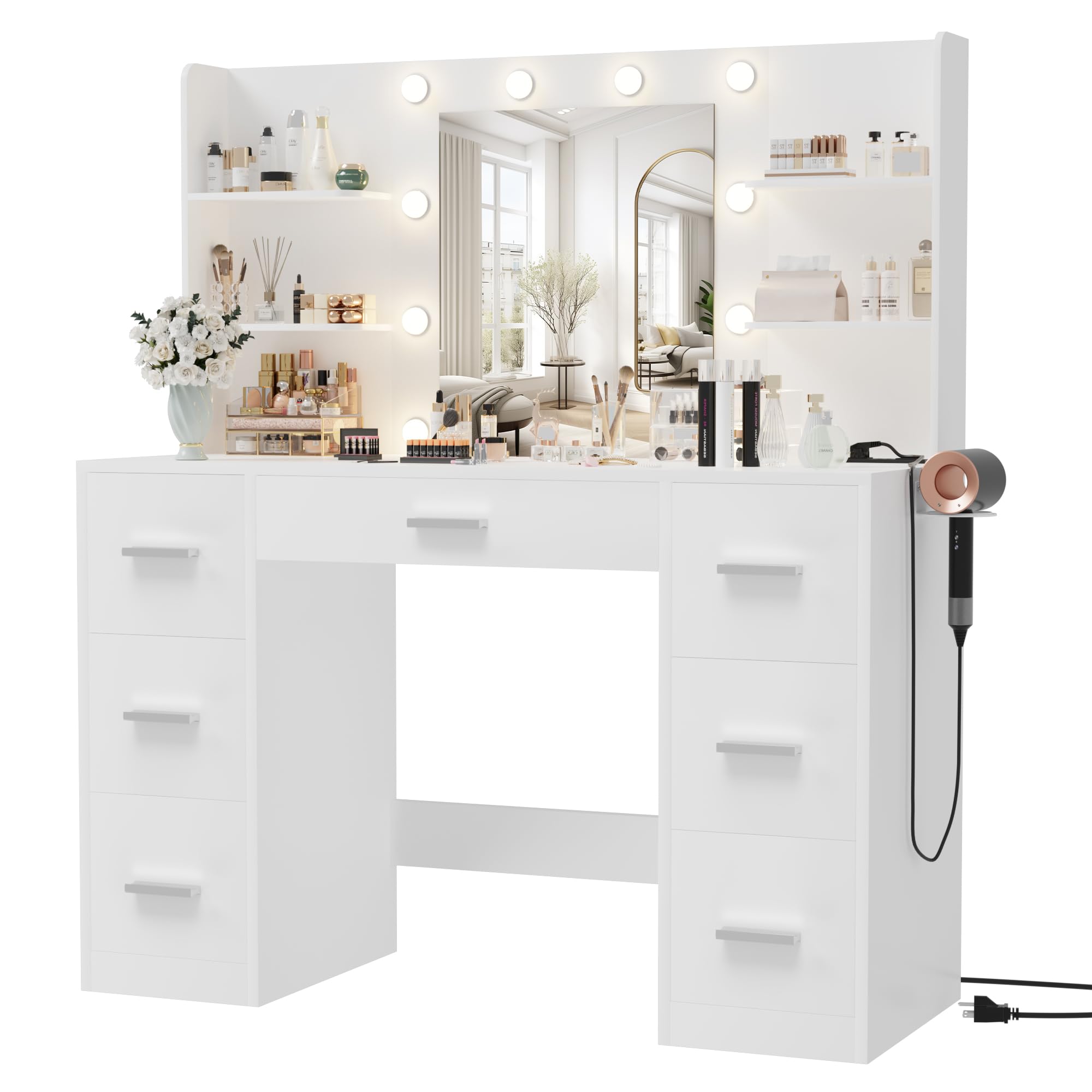 Furmax Vanity Desk with Mirror, LED Lights and Power Outlet Makeup Vanity Table with 7 Drawers and 6 Storage Shelves Dressing Table for Bedroom Dressing Room (White)