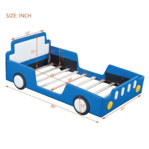 Merax Twin Race Car Platform Bed with Wheels,PU Leather Car Bed Frame for Boys Twin Size,Kids Bed Frame with Headboard,Fits Standard Twin Mattress(No Mattress)