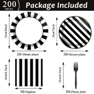 Black and White Party Tableware Set Striped Disposable Dinnerware Black and White Theme Party Decorations Happy Birthday Paper Plates Napkins Forks for Graduation Wedding Party Supplies 50 Guests