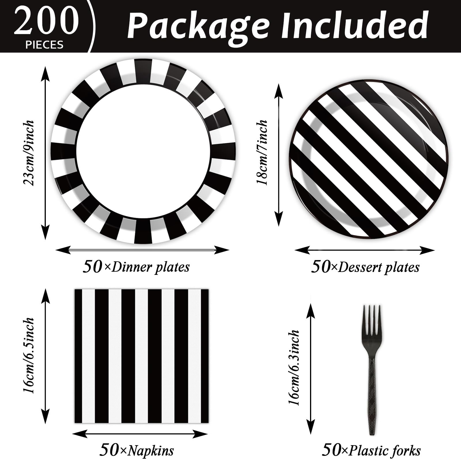 Black and White Party Tableware Set Striped Disposable Dinnerware Black and White Theme Party Decorations Happy Birthday Paper Plates Napkins Forks for Graduation Wedding Party Supplies 50 Guests