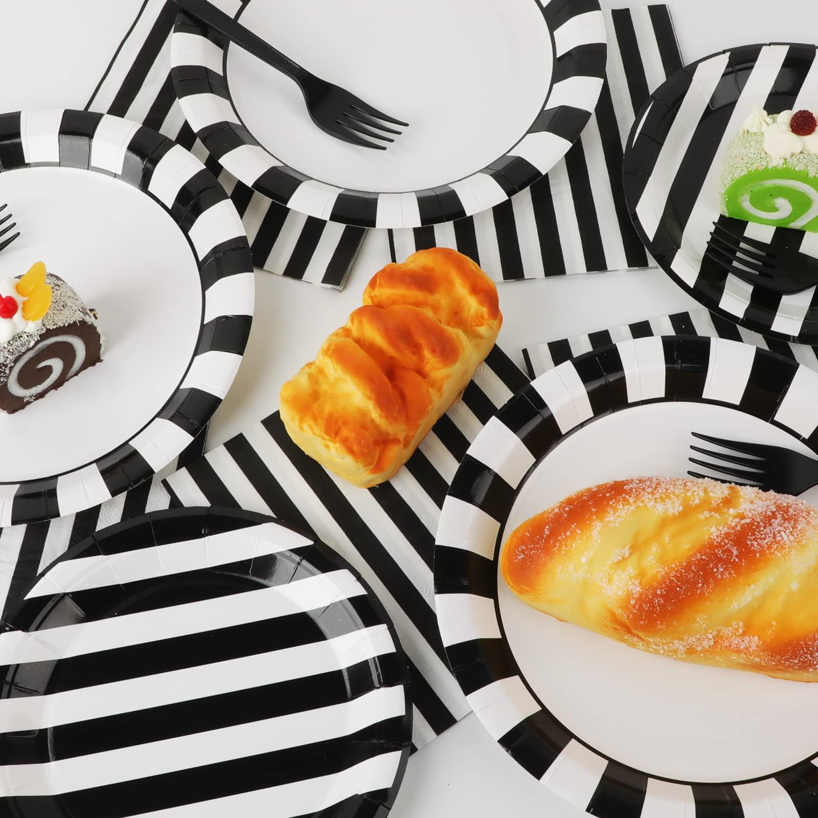 Black and White Party Tableware Set Striped Disposable Dinnerware Black and White Theme Party Decorations Happy Birthday Paper Plates Napkins Forks for Graduation Wedding Party Supplies 50 Guests