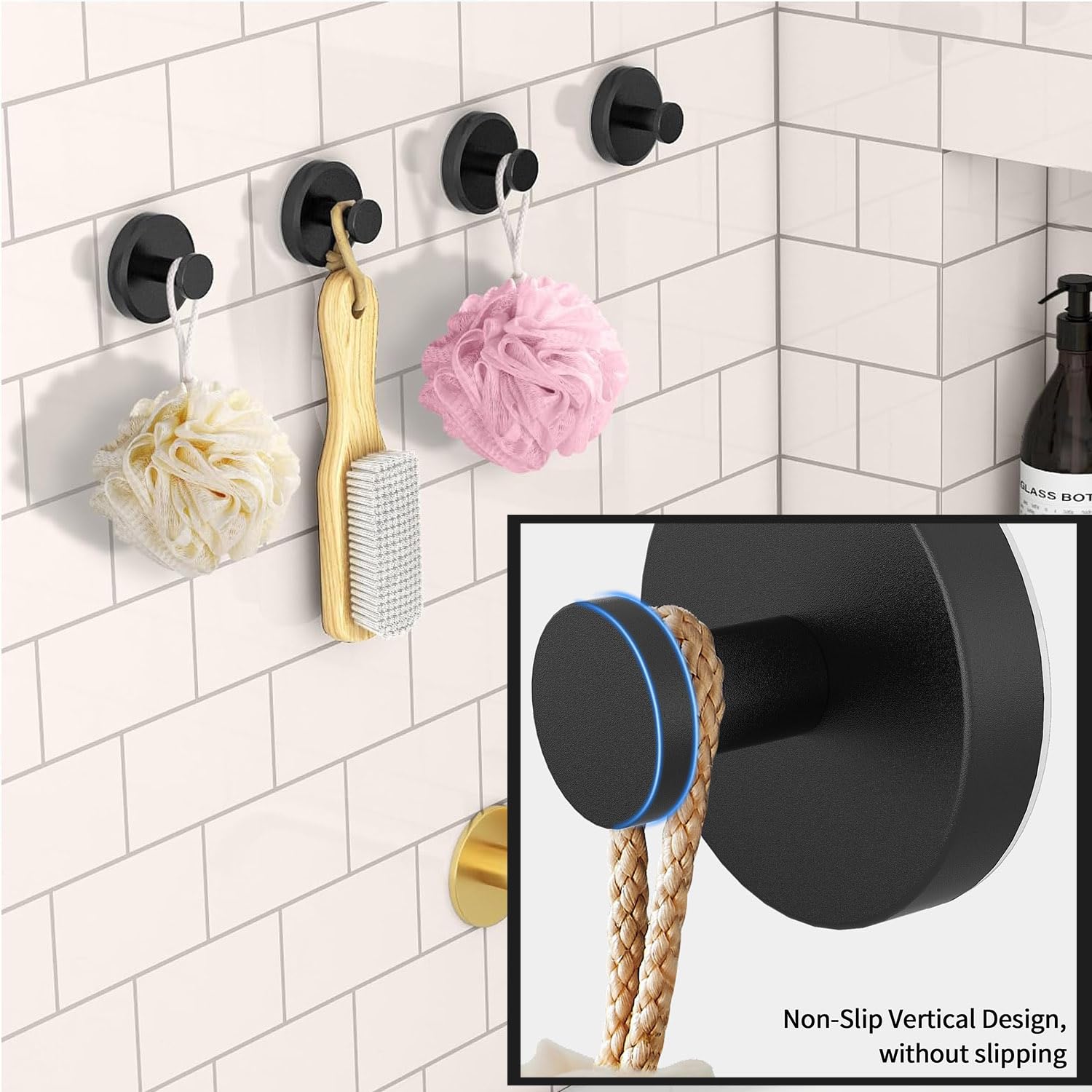 MAROJEIF Suction Cup Hooks for Shower, Reusable Towel Hooks for Bathroom,Matte Black Shower Hooks for Loofah, No-Drill Hooks,Bathroom Hooks Mounting on Glass Shower Doors, Tile, Mirrors (Black*4Pack)