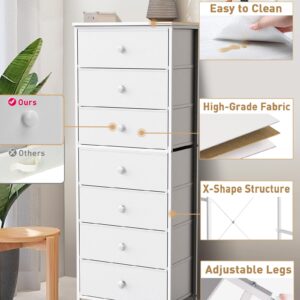 Tall Fabric Dresser for Bedroom, Vertical Storage Organizer Tower with 7 Drawers, Chest of Drawers with Bins, Steel Frame, Wood Top for Bedroom, Closet, Entryway White