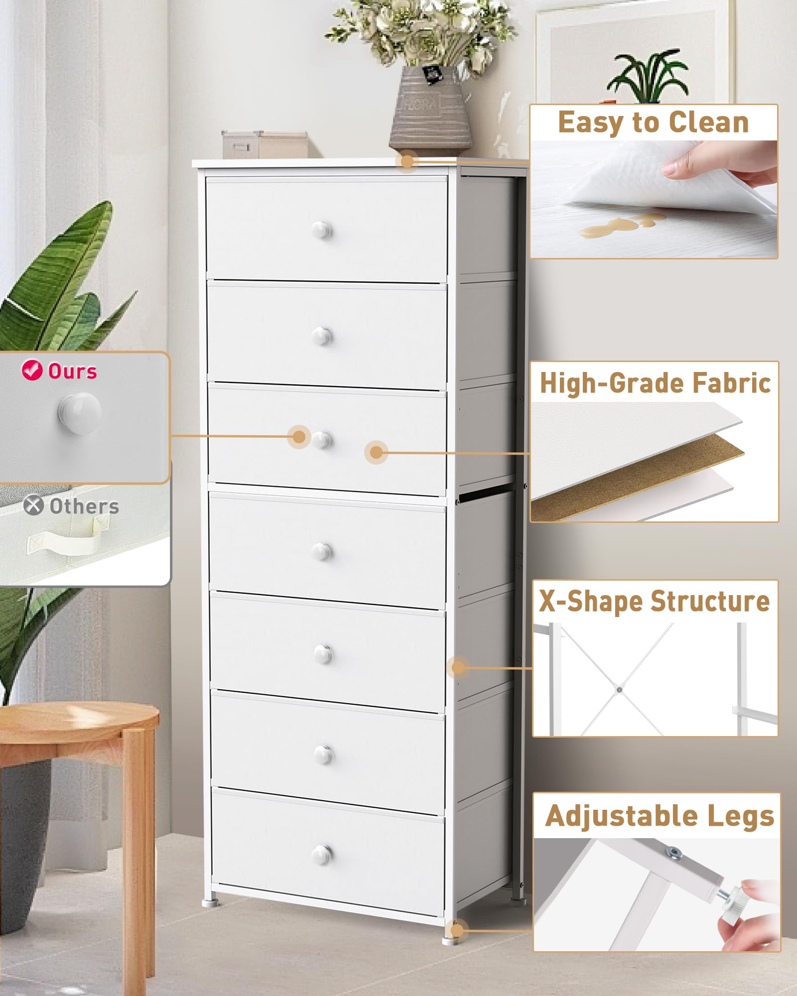 Tall Fabric Dresser for Bedroom, Vertical Storage Organizer Tower with 7 Drawers, Chest of Drawers with Bins, Steel Frame, Wood Top for Bedroom, Closet, Entryway White