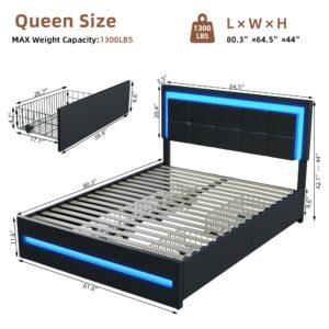 DYHOME Queen Bed Frame with LED Lights and 4 Storage Drawers, Upholstered Platform LED Bed Frame Queen Size with Charging Station Button PU Leather Headboard, No Box Spring Needed, Black