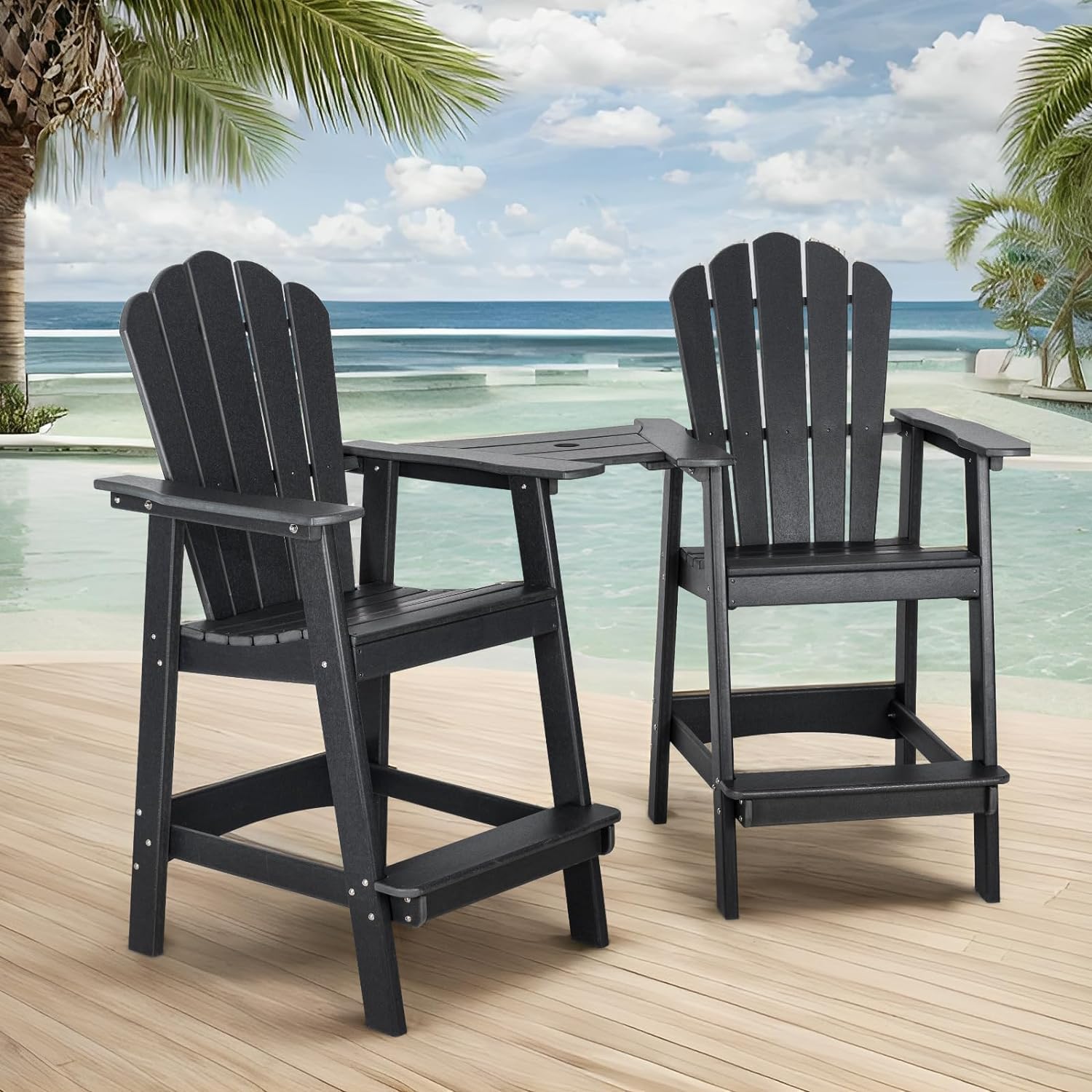 eclife Tall Adirondack Chairs Set of 2, HDPE Adirondack Barstools with Connecting Tray, Outdoor Double Balcony Chairs, Weather Resistant for Patio, Poolside, Backyard, Black