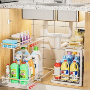 Delamu 2 Pack Under Sink Organizer and Storage, 2 Tier Pull Out Cabinet Organizer, Slide Out Under Sink Storage Shelf, Undersink Organizers Shelves for Kitchen Bathroom Pantry Organization