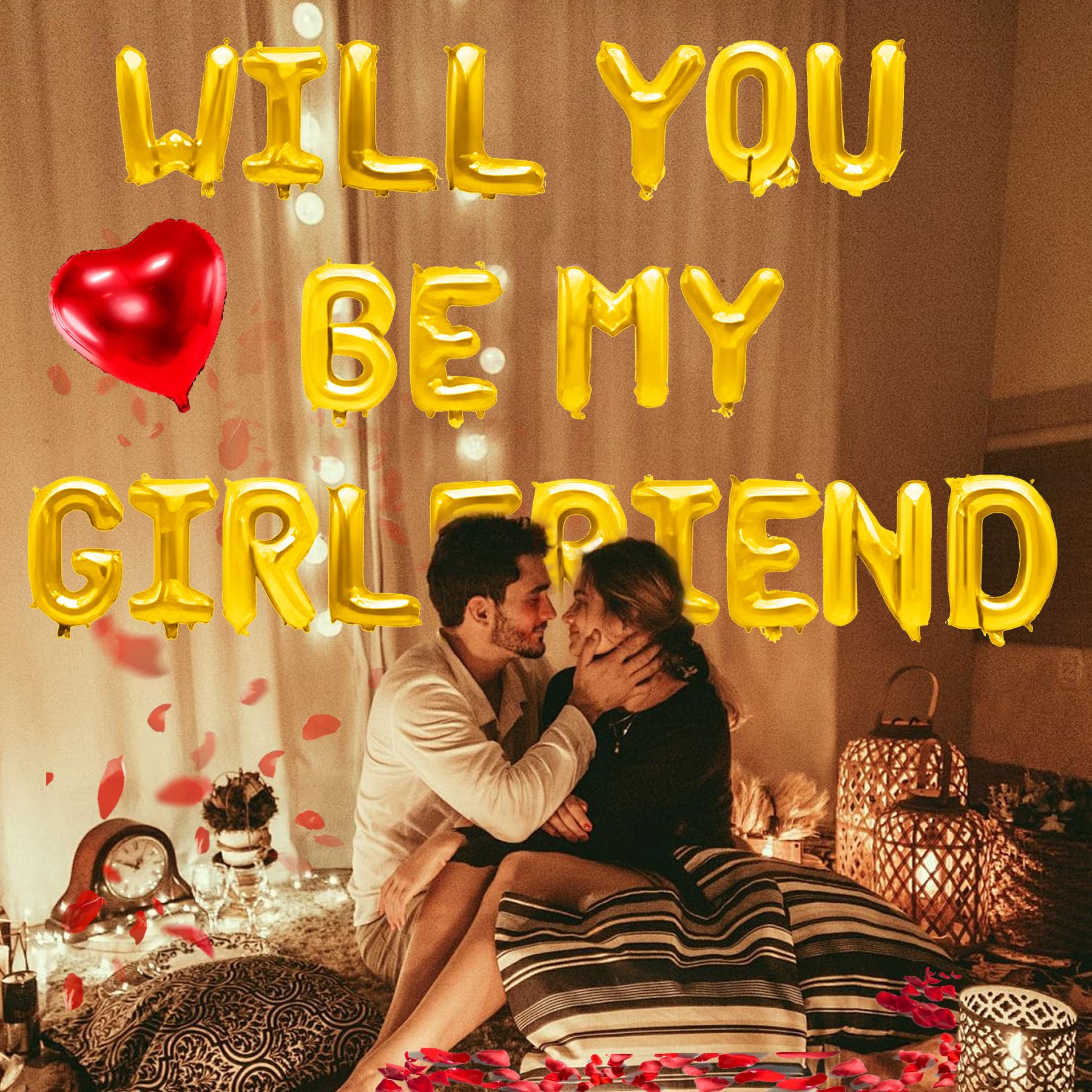 Will You Be My Girlfriend Balloons - 16'' Balloon Letters, Alphabet Foil Mylar Balloon with 200pcs Artificial Rose Petals for Valentine Day Decorations (Will You Be My Girlfriend Balloons Gold)