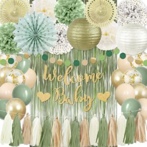 sage green baby shower decorations, welcome baby gender neutral baby shower decor, with tissue pom poms, balloons, tassel garland, paper lanterns for gender reveal birthday party decorations