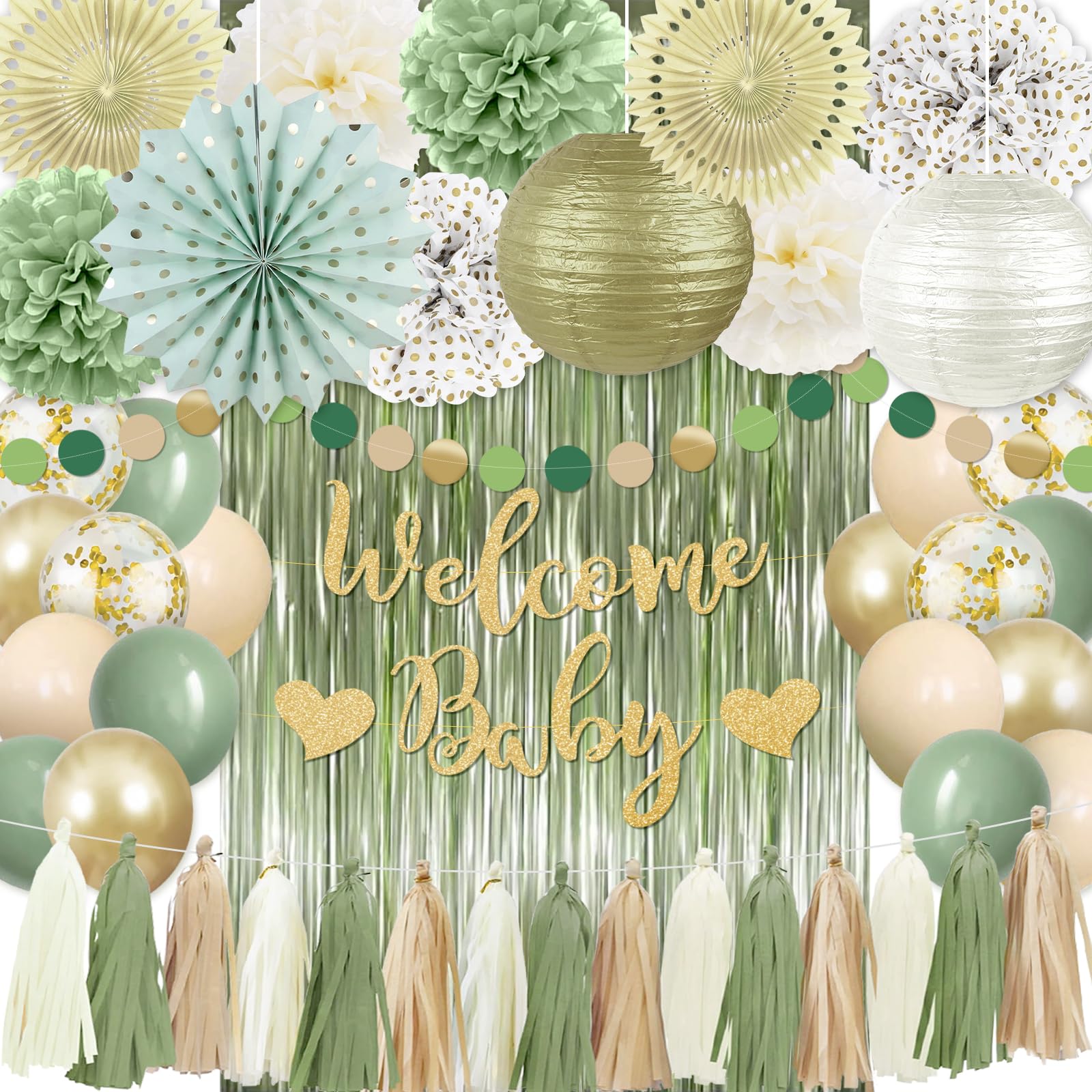 Sage Green Baby Shower Decorations, Welcome Baby Gender Neutral Baby Shower Decor, with Tissue Pom Poms, Balloons, Tassel Garland, Paper Lanterns for Gender Reveal Birthday Party Decorations