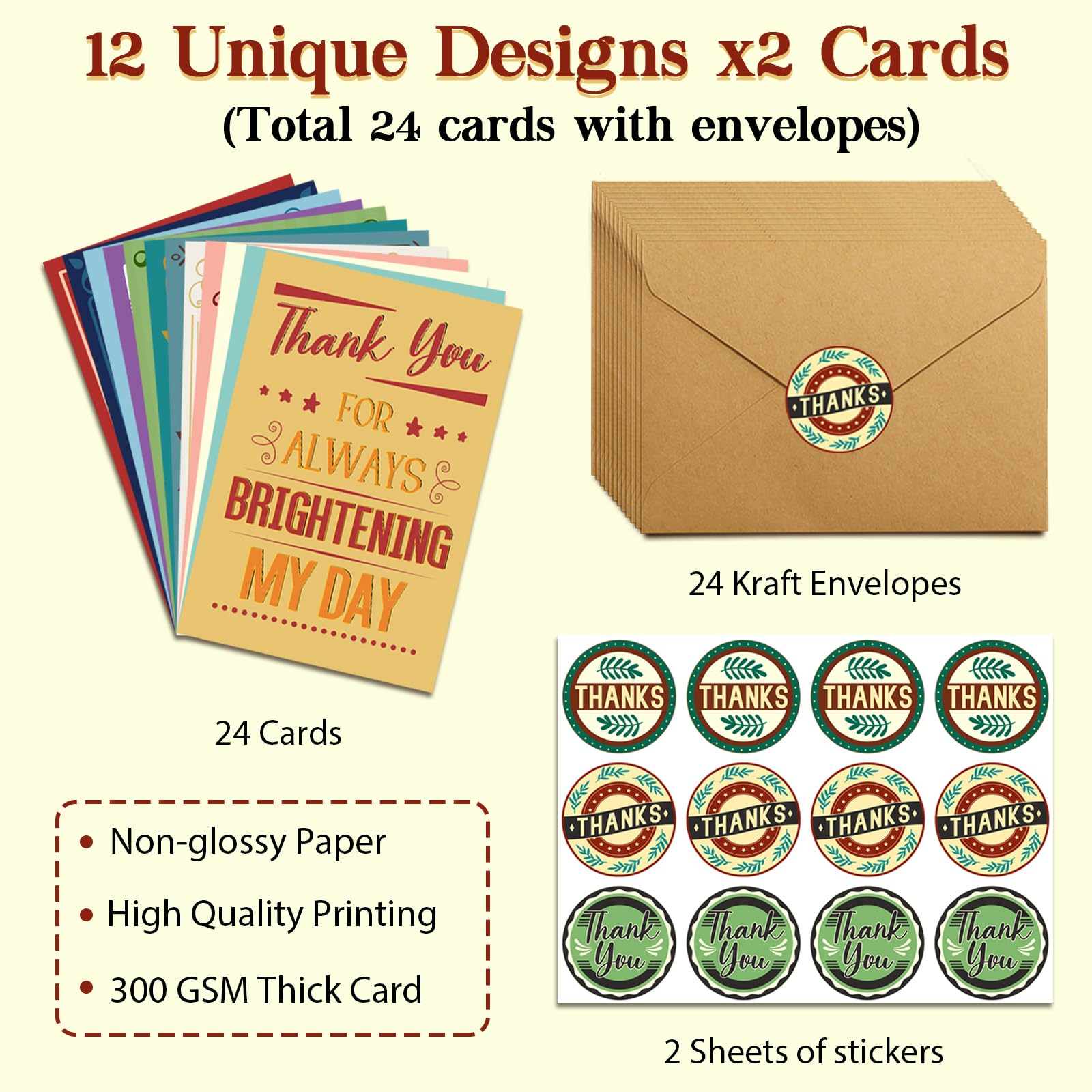 Employees Appreciation Cards Bulk, Thank You Motivational Cards for Business Team Work, Encouragement Affirmation Note Cards for Staff Coworker Friend Family - 12 Unique Designs(4 x 6 In, 24 Pack)