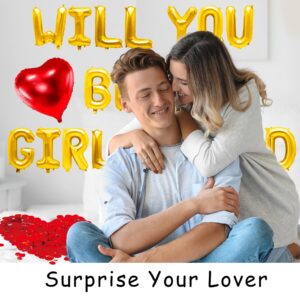 Will You Be My Girlfriend Balloons - 16'' Balloon Letters, Alphabet Foil Mylar Balloon with 200pcs Artificial Rose Petals for Valentine Day Decorations (Will You Be My Girlfriend Balloons Gold)