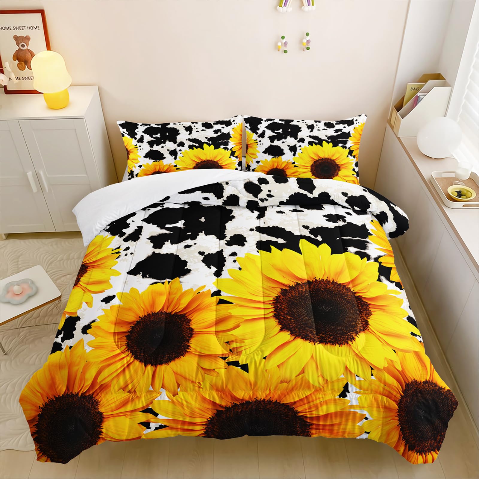 QOOMO Sunflower Comforter Set，Animal Print for Boys Girls Kids Teen Room Decor，Cow Print Bedding Sets, Wildlife 3Pcs Kids Bedding Set Full Size 1 Comforter & 2 Pillowcases