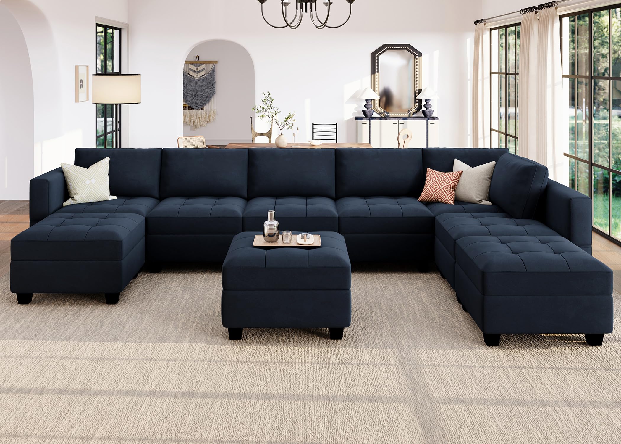 HONBAY U Shaped Modular Sectional Couch with Storage Velvet Sectional Couches for Living Room Blue