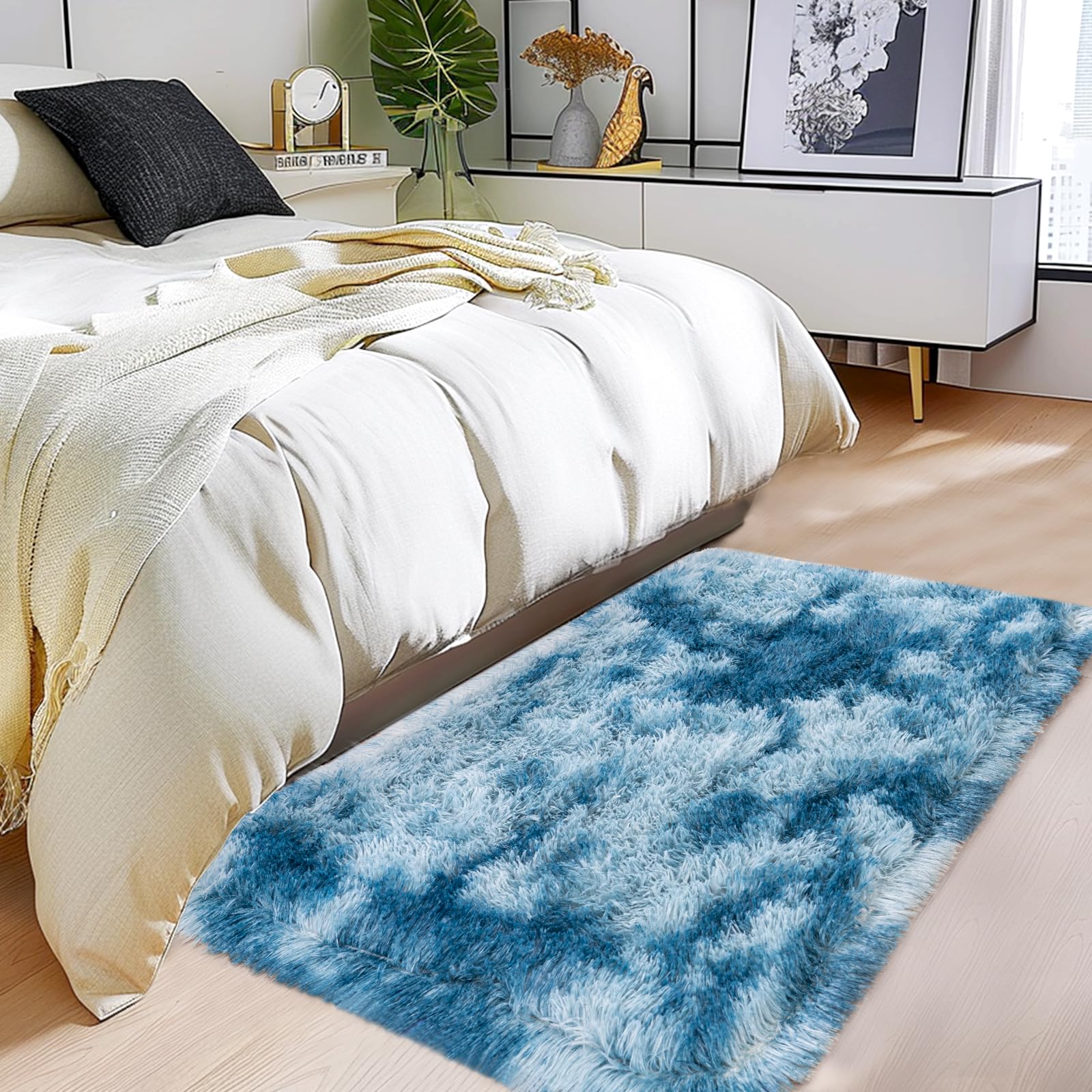 Fluffy Rug for Living Room,Furry Carpet for Bedroom, Shaggy Rug for Nursery Room, Tie-Dyed Blue Fuzzy Plush Rug for Dorm, Rectangle Shag Rug 2x3 Feet