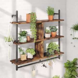 HOLMZCED 3 Tiers Wood Floating Shelving with Hooks, Industrial Wall Mounted Shelf Modern Wall Shelves Hanging Vintage Display Storage Shelf for Living Room Bathroom Bedroom Kitchen Coffee Bar