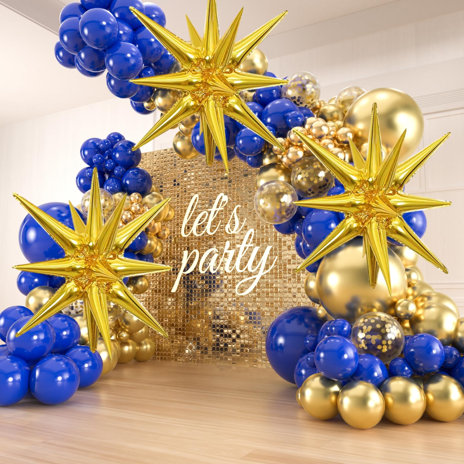 176 Pack Royal Blue Gold Balloons Garland Arch Kit with 3pcs 27 Inch Big Foil Starburst Balloons,Blue and Gold Confetti Balloons for Birthday Graduation New Year Decoration