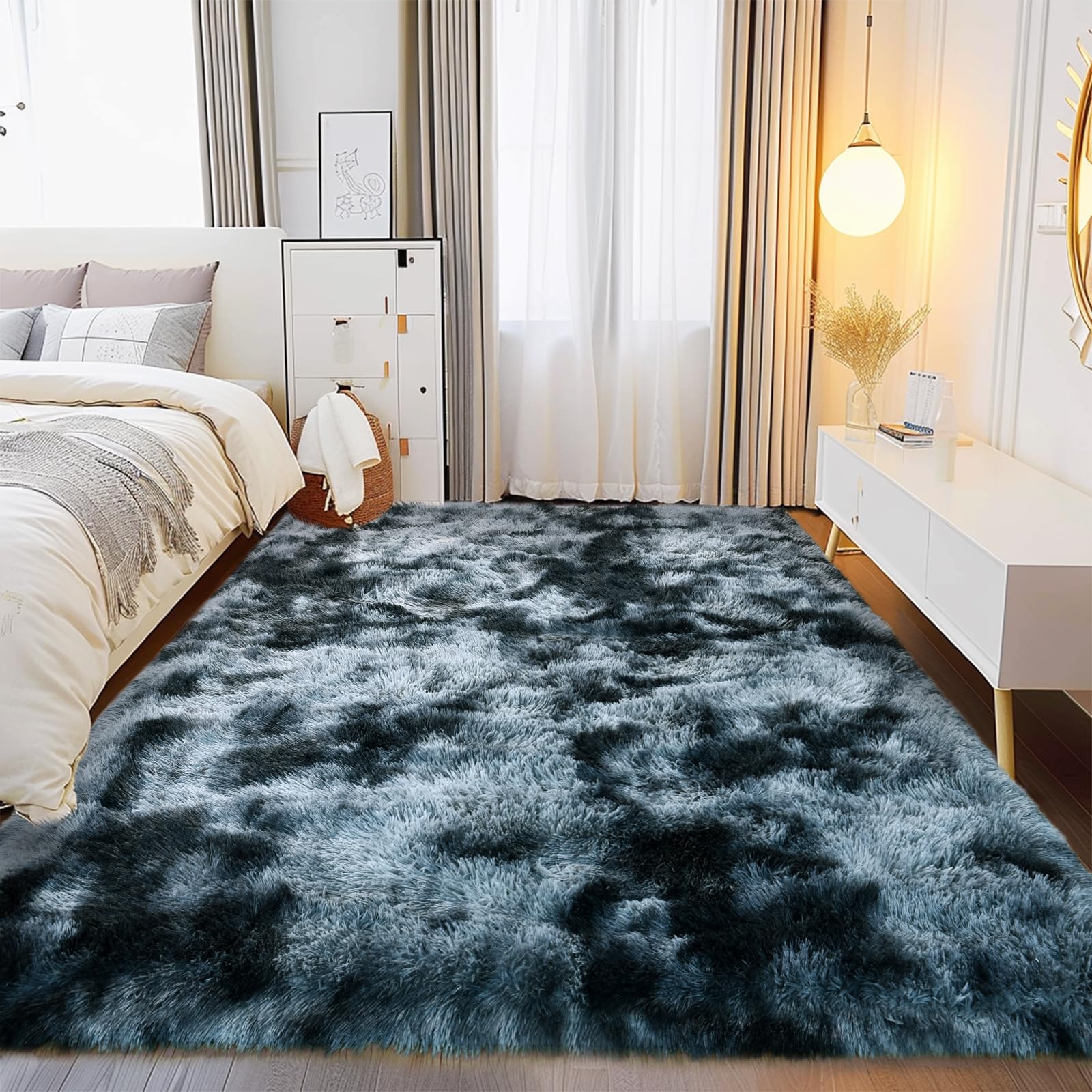 Fluffy Rug for Living Room,Furry Carpet for Teen,Shaggy Rug for Nursery Room, Tie-Dyed Blue Grey Fuzzy Plush Rug for Dorm, Rectangle Shag Rug 6x9 Feet