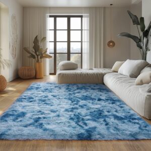 Ultra Soft Rug for Living Room, 6X9 Ft Tie-Dyed Blue Fluffy Shag Area Rug for Bedroom, Modern Shaggy Carpets Fuzzy Rug for Teens Dorm, Upgrade Anti-Skid Durable Fuzzy Plush Rug