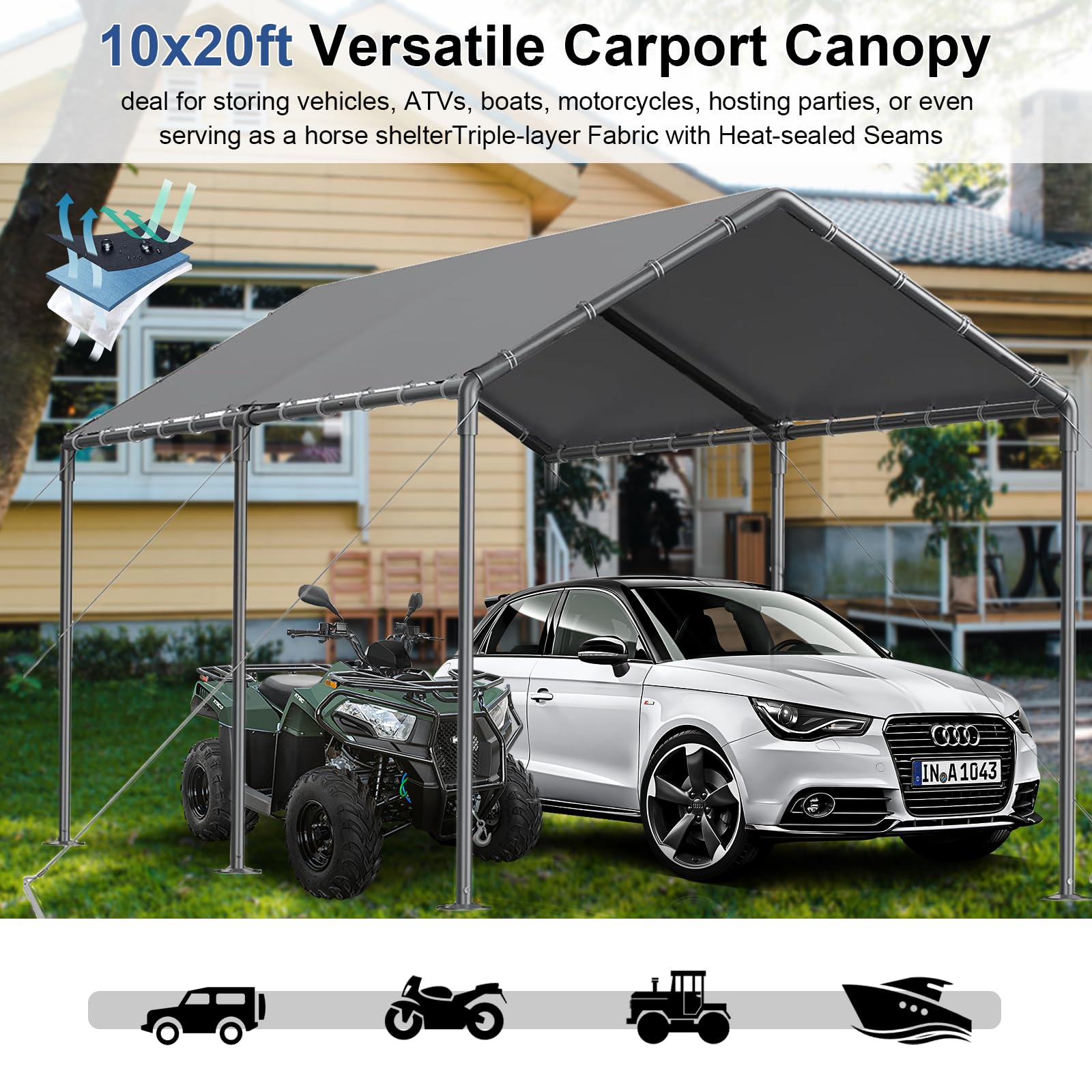 Outdoor Carport 10x20ft Heavy Duty Car Tent, Portable Garage Canopy Storage Shed, Car Shelter, All-Season Tarp Tent for Car, Party (GY)