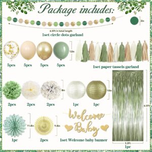 Sage Green Baby Shower Decorations, Welcome Baby Gender Neutral Baby Shower Decor, with Tissue Pom Poms, Balloons, Tassel Garland, Paper Lanterns for Gender Reveal Birthday Party Decorations