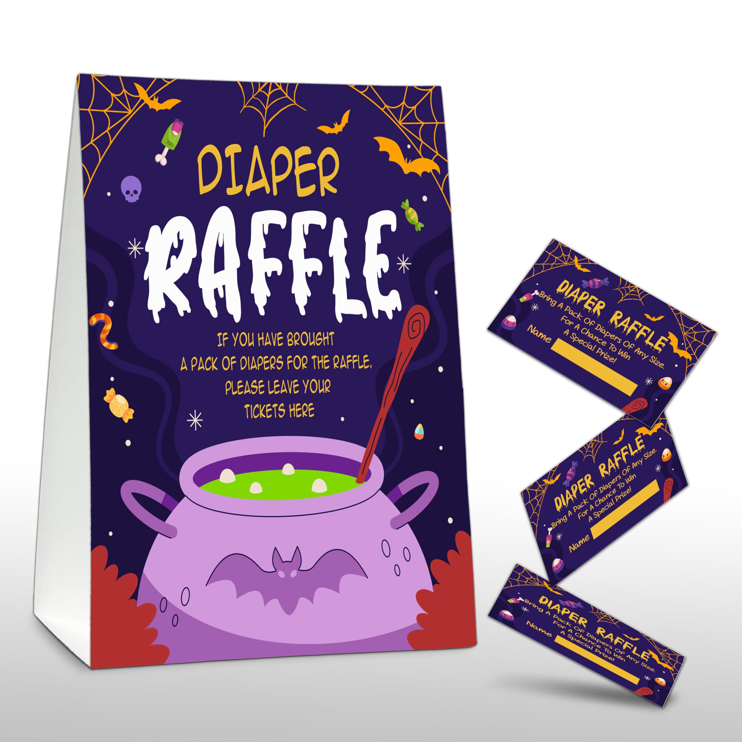 Halloween Diaper Raffle Games Sign, Halloween Baby Shower Party Game Set, Gender Reveal Party Favor Supplies Decor-1 Double Sided Standing Sign + 50 Guessing Cards (01)