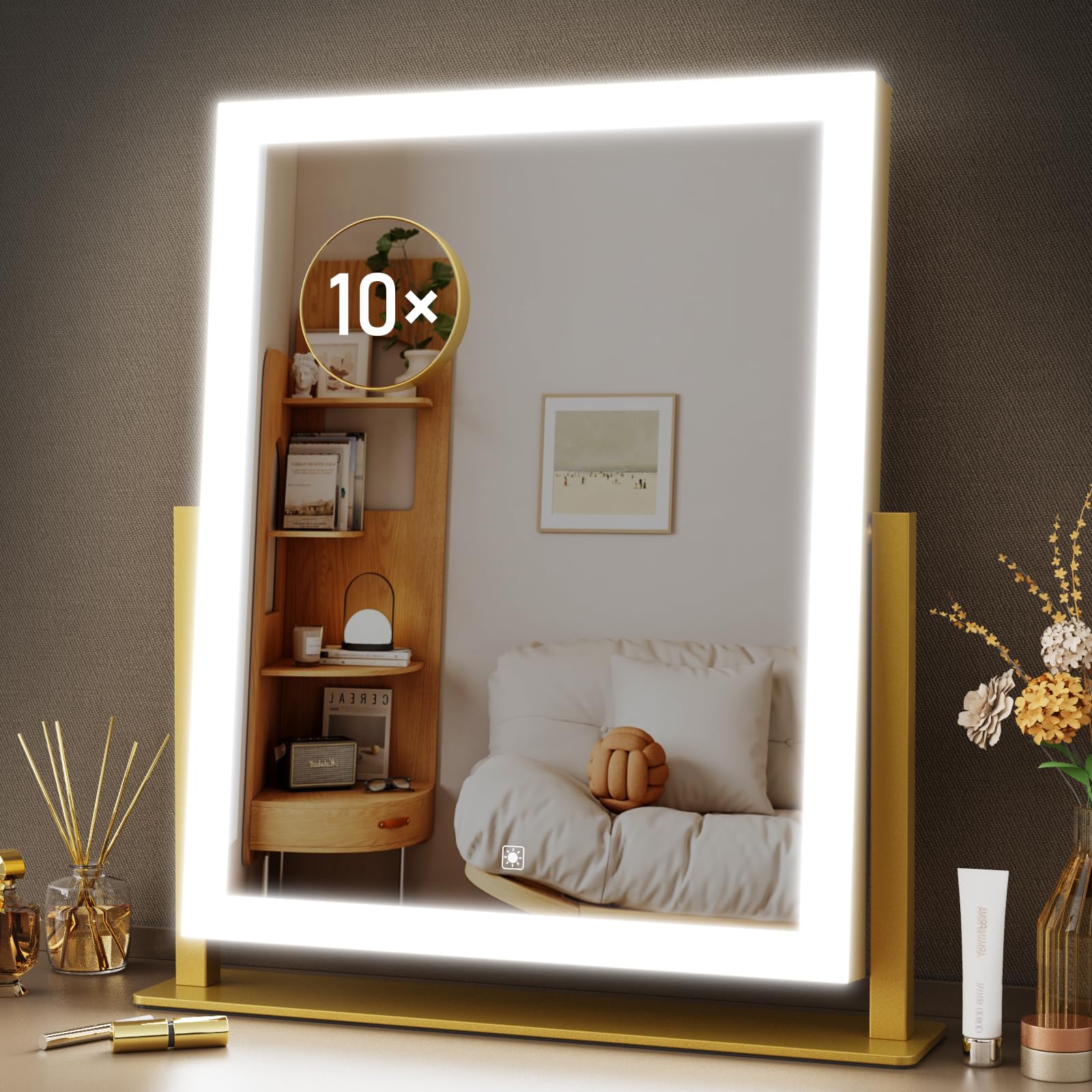 Gvnkvn Lighted Makeup Mirror, Hollywood Vanity Mirror with Lights, Three Color Lighting Modes, and Detachable 10X Magnification Mirror, Smart Touch Control, 360°Rotation (15.2in.)