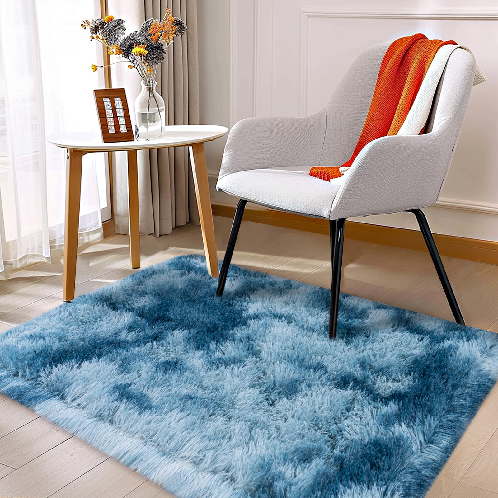 Fluffy Rug for Living Room,Furry Carpet for Bedroom, Shaggy Rug for Nursery Room, Tie-Dyed Blue Fuzzy Plush Rug for Dorm, Rectangle Shag Rug 2x3 Feet