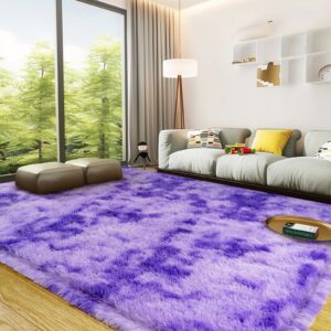 Ultra Soft Rug for Living Room, 6X9 Ft Tie-Dyed Purple Fluffy Shag Area Rug for Bedroom, Modern Shaggy Carpets Fuzzy Rug for Teens Dorm, Upgrade Anti-Skid Durable Fuzzy Plush Rug