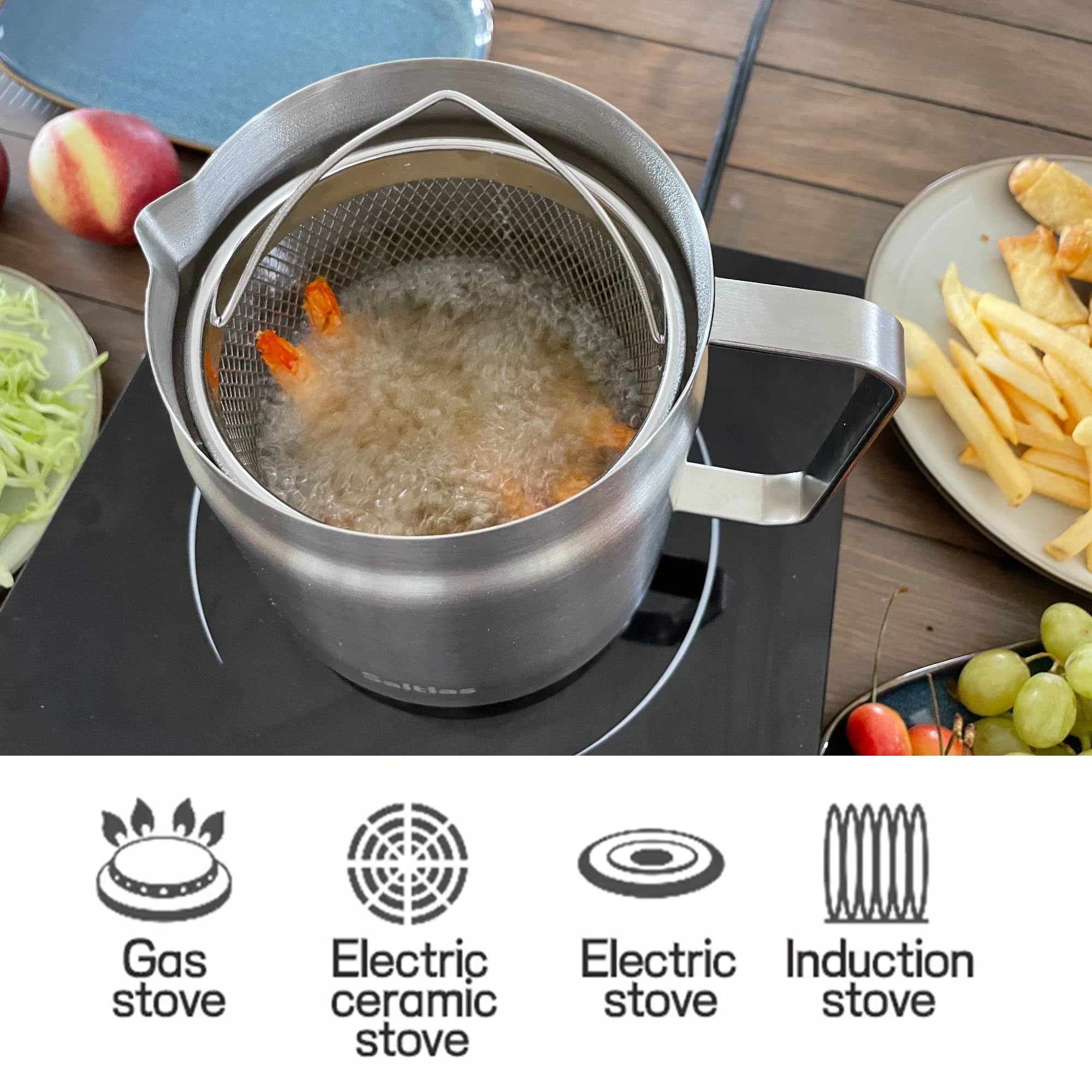 Saltlas Deep Fryer Pot with Basket and Oil Strainer, 304 Stainless Steel Deep Frying Pot for French Fries, Chicken, or Japanese Tempura, 2L (2Qt)