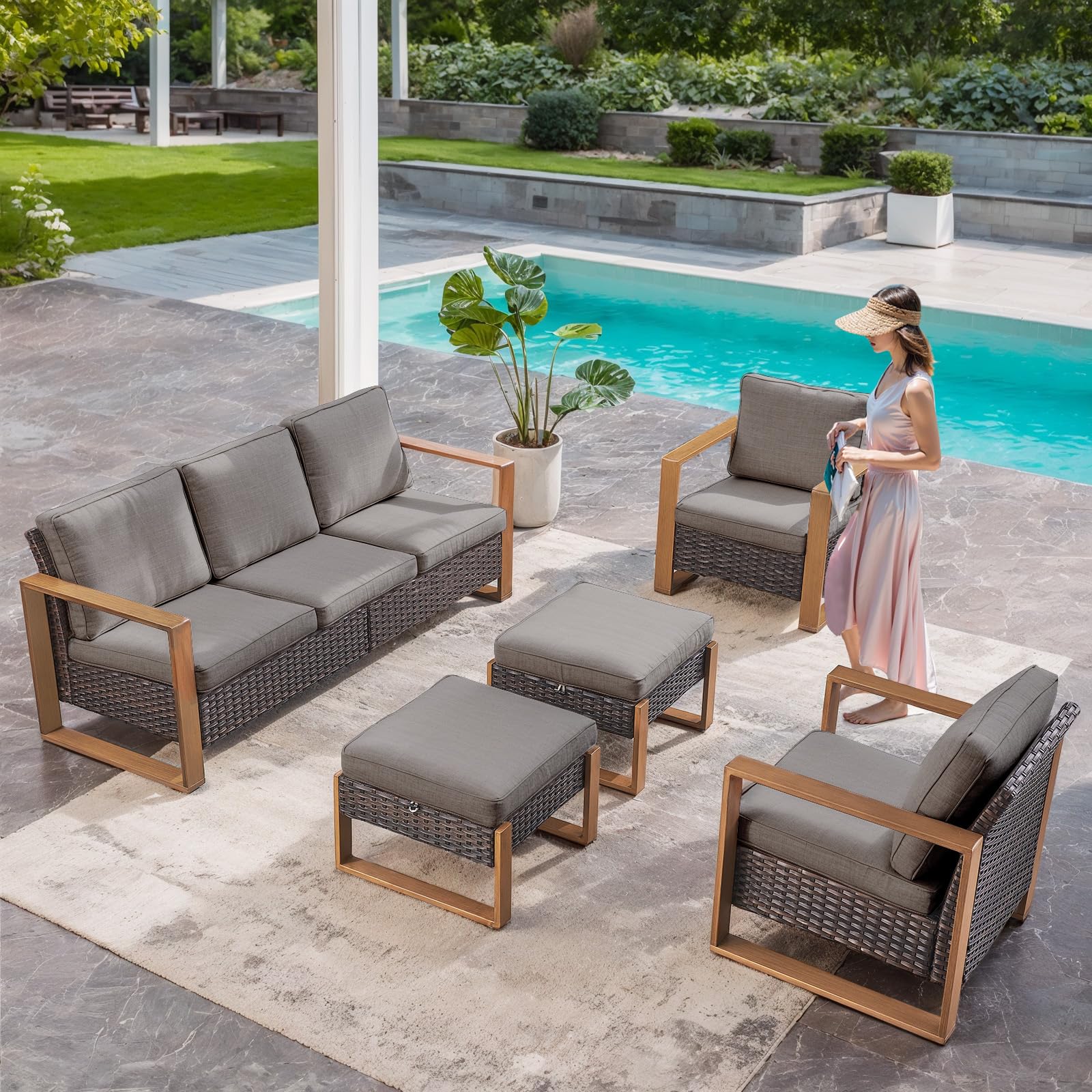 Belord 5 Piece Outdoor Wicker Patio Conversation Furniture Set Deep Seating, Metal Wide Armrests Patio Sofa Set with Rattan Chairs Ottomans for Porch Deck Sunroom Backyard