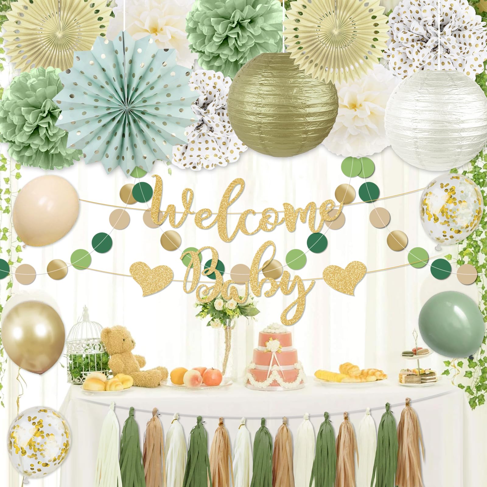 Sage Green Baby Shower Decorations, Welcome Baby Gender Neutral Baby Shower Decor, with Tissue Pom Poms, Balloons, Tassel Garland, Paper Lanterns for Gender Reveal Birthday Party Decorations