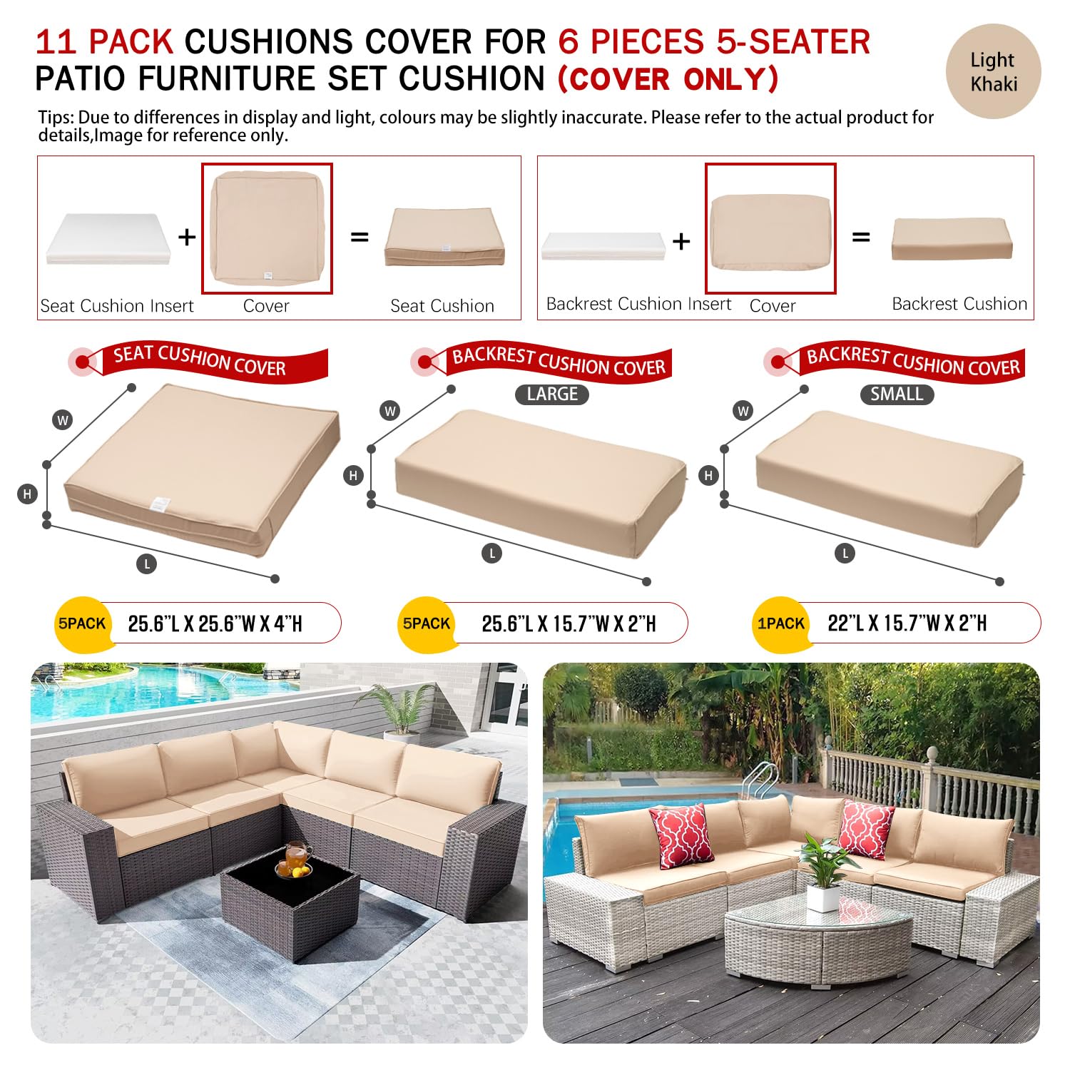 ClawsCover 11Pack Outdoor Patio Seat and Back Cushions Replacement Covers Fit for 5-Seater 6Pieces Wicker Rattan Furniture Conversation Set Sectional Couch Chairs,Light Khaki-Included Cover Only