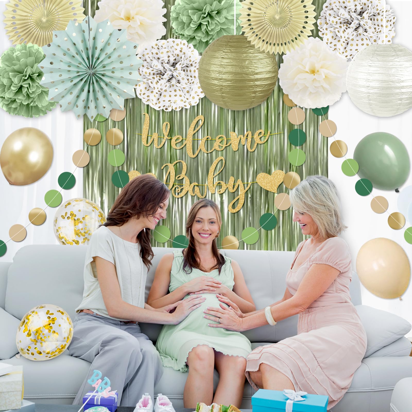 Sage Green Baby Shower Decorations, Welcome Baby Gender Neutral Baby Shower Decor, with Tissue Pom Poms, Balloons, Tassel Garland, Paper Lanterns for Gender Reveal Birthday Party Decorations