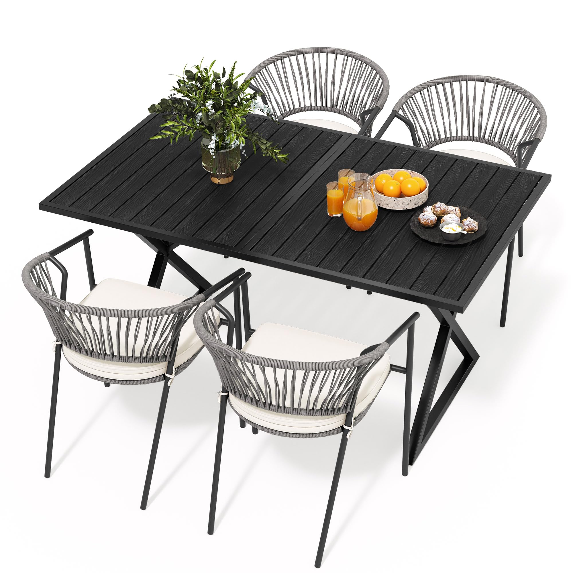 YITAHOME 5 Piece Patio Dining Set, Stackable Chairs with Comfortable Cushions, 59" Rectangle Tables with Metal Frame and Faux Wood Tabletop for Patio Balcony Porch Poolside Lawn Garden, Black & Beige