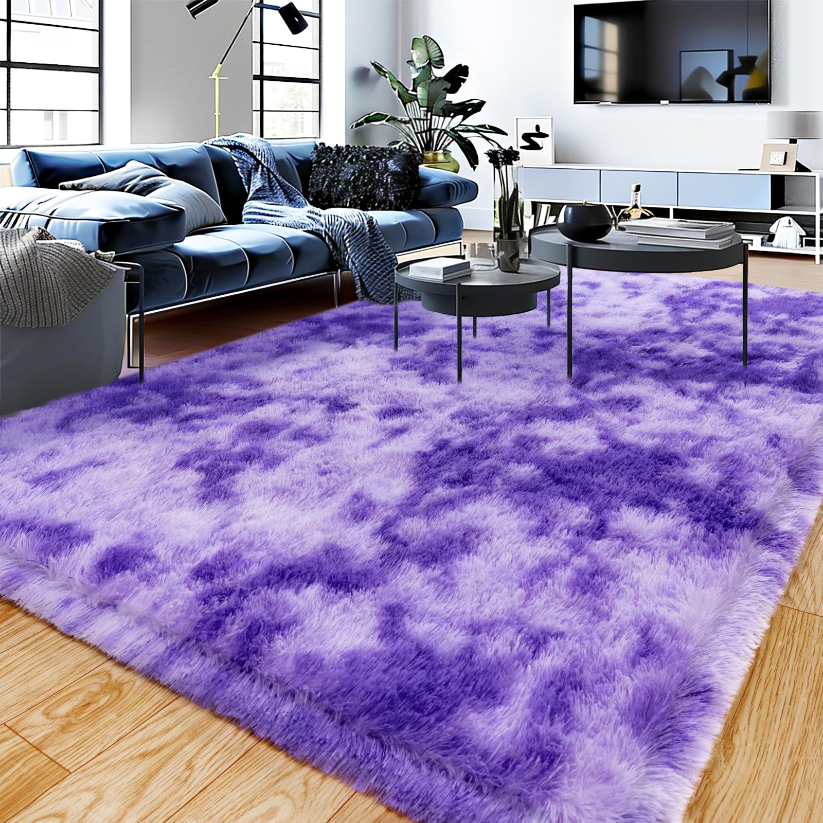 Ultra Soft Rug for Living Room, 6X9 Ft Tie-Dyed Purple Fluffy Shag Area Rug for Bedroom, Modern Shaggy Carpets Fuzzy Rug for Teens Dorm, Upgrade Anti-Skid Durable Fuzzy Plush Rug