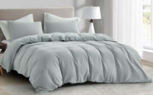 chezmoi collection breeze 3-piece cotton gauze king duvet cover set, light blue-gray soft washed cotton linen like textured breathable comforter cover with button closure