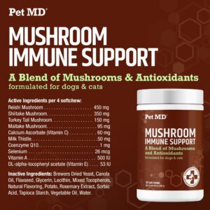 Pet MD Mushroom Immune Support - Turkey Tail Mushroom for Dogs - Mushroom Cat Immune Support Supplement - Milk Thistle for Dogs & Cats with CoQ10 for Dogs - Immunity Supplement for Dogs - 120 Chews